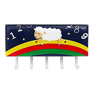 Bed Time Sheep Rainbow Night Mail Holder Organizer and Key Hooks PU Front, Self Adhesive Key Rack with 5 Hooks Perfect for Entryway, Hallway，Bathroom ，Kitchen