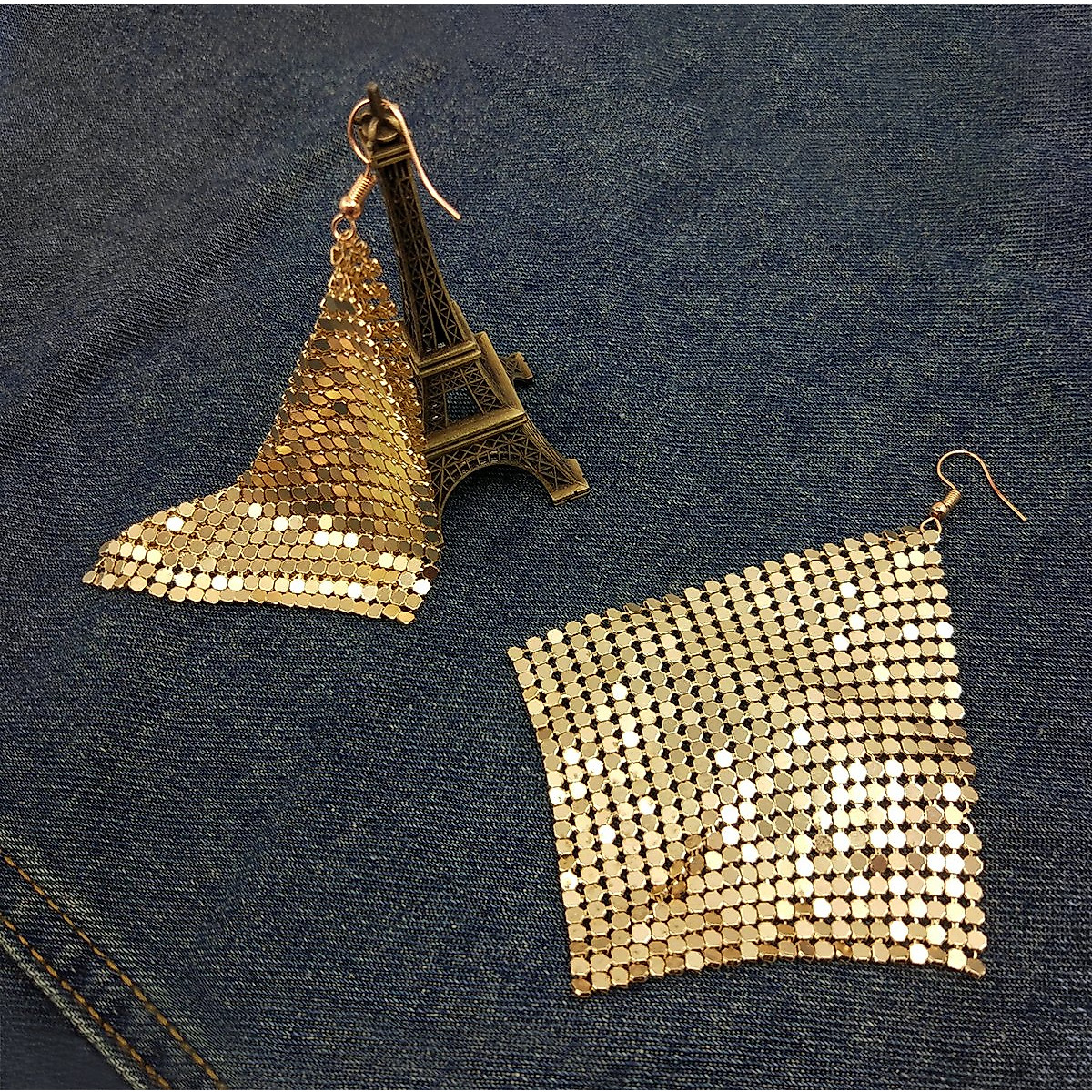 Suyi Trendy Women Earrings Metal Mesh Grid Sequins Tassel Long Drop Dangle Earrings Gold