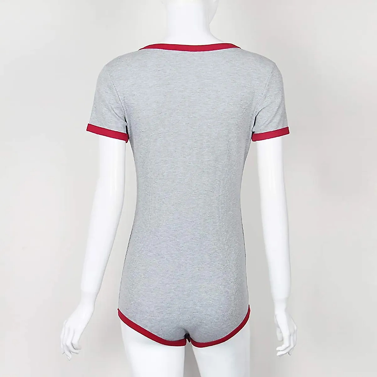 Roselux Women's Sexy Deep V Neck Shorts Long Sleeve Knitted One Piece Bodysuit Sexy Pajama Onesie Bodycon Rompers Overall (Large, Short Sleeve-Gray&Wine2)