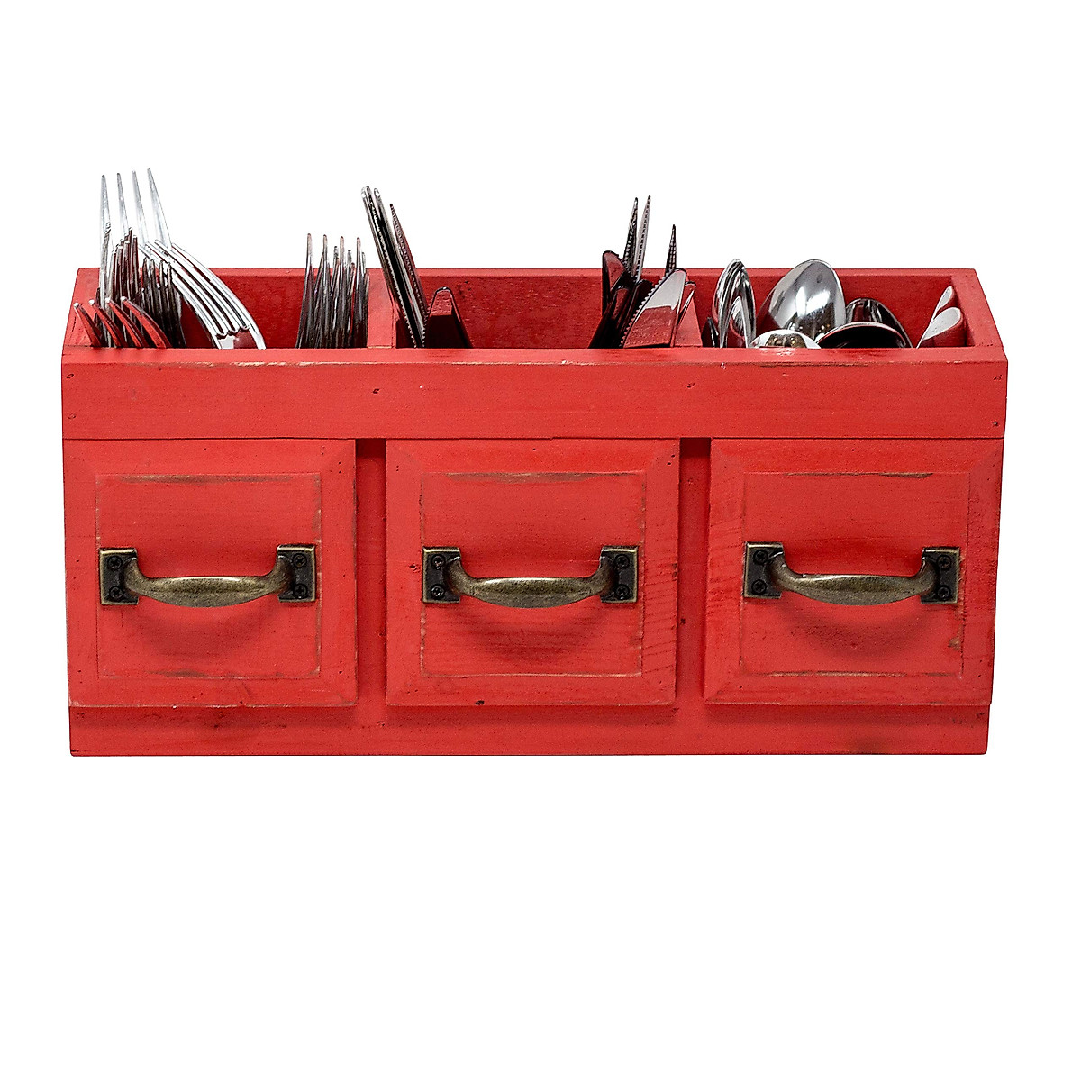 Boston Warehouse Rustic Farmhouse Flatware Caddy, 3 Section, Wood with Drawer Pulls