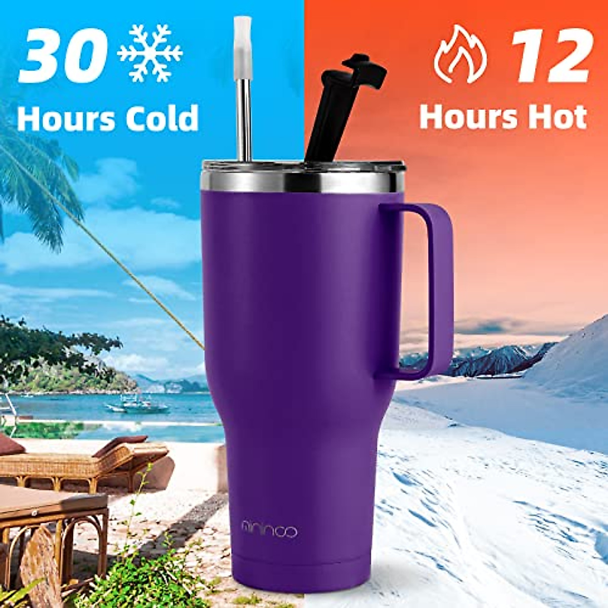 mininoo 40 oz Tumbler with Handle and Straw, Insulated Tumbler with Handle Leak Proof, Large Tumbler with Lid and Straw (Purple)