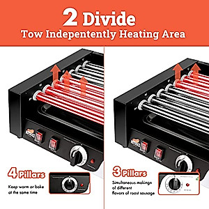 1400W Hot Dog Roller Machine, Dual Temp Control Commercial Electric Contact Grills with Removable Stainless Steel Drip Tray and Cover, 18 Hot Dog 7 Rollers,Sausage Grill Cooker for Party Kitchen Restaurant