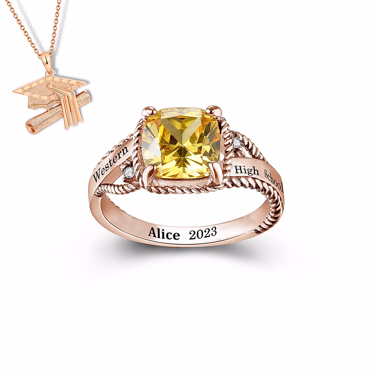 Customized Sterling Silver Women High School Class Ring – Bold Collection - MEMENTOS JEWELRY (Sterling Silver Rose Gold Plated)