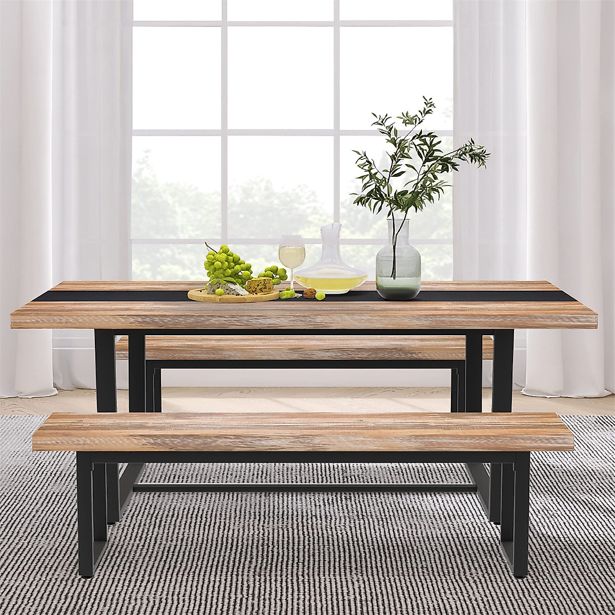 STHOUYN 71” 6ft Dinner Table Set for 6 8 12 Seat Dining Room Table with Bench, Rectangular Farmhouse Modern Kitchen Long Table, Black & Brown Industrial Dining Conference Table (3 Piece 71")