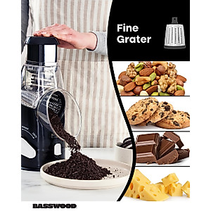 BASSWOOD Rotary Cheese Grater with Handle - Mandoline Slicer with 3 Stainless Steel Drum Blades-Vegetable Slicer Walnuts Grinder Cheese Shredder Round Mandoline with Peeler (Black)
