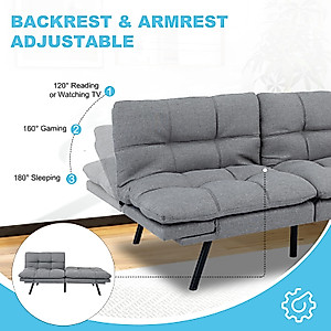 MUUEGM Convertible Futon Sofa Bed, Comfy Loveseat Sleeper Sofa with Adjustable Backrest &Armrest, Strengthen Wood, Small 2 Seater Couch for Living Room, Bedroom（Light Grey,Fabric）
