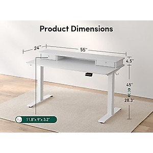 FEZIBO 55 x 24 Inch Height Adjustable Electric Standing Desk with Double Drawer, Stand Up Desk with Storage Shelf, Sit Stand Desk, White