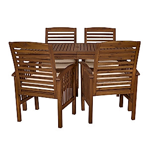 Walker Edison Rendezvous Modern 5 Piece Solid Acacia Wood Outdoor Dining Set, Set of 5, Dark Brown
