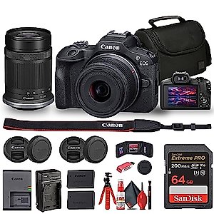 Canon EOS R100 Mirrorless Camera with 18-45mm and 55-210mm Lenses Kit (6052C022) + Bag + 64GB Card + LPE17 Battery + Charger + Card Reader + Flex Tripod + Cleaning Kit + Memory Wallet (Renewed)