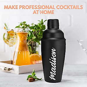 Custom Bartender Kit, Engraved Cocktail Shaker Set, Personalized w/Name, 18 Oz Black Stainless Steel Martini Shaker w/Strainer, Jigger & Spiral Cocktail Spoon, Gifts for Men