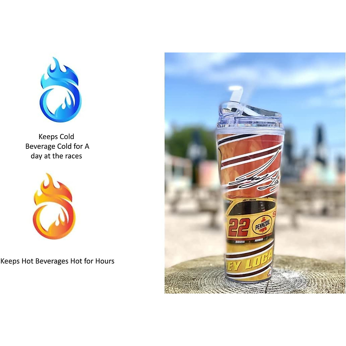 Rico Industries NASCAR Racing Joey Logano #22 PENZOIL 24oz Acrylic Tumbler with Hinged Lid, Officially Licensed Double Wall Tumbler with Straw