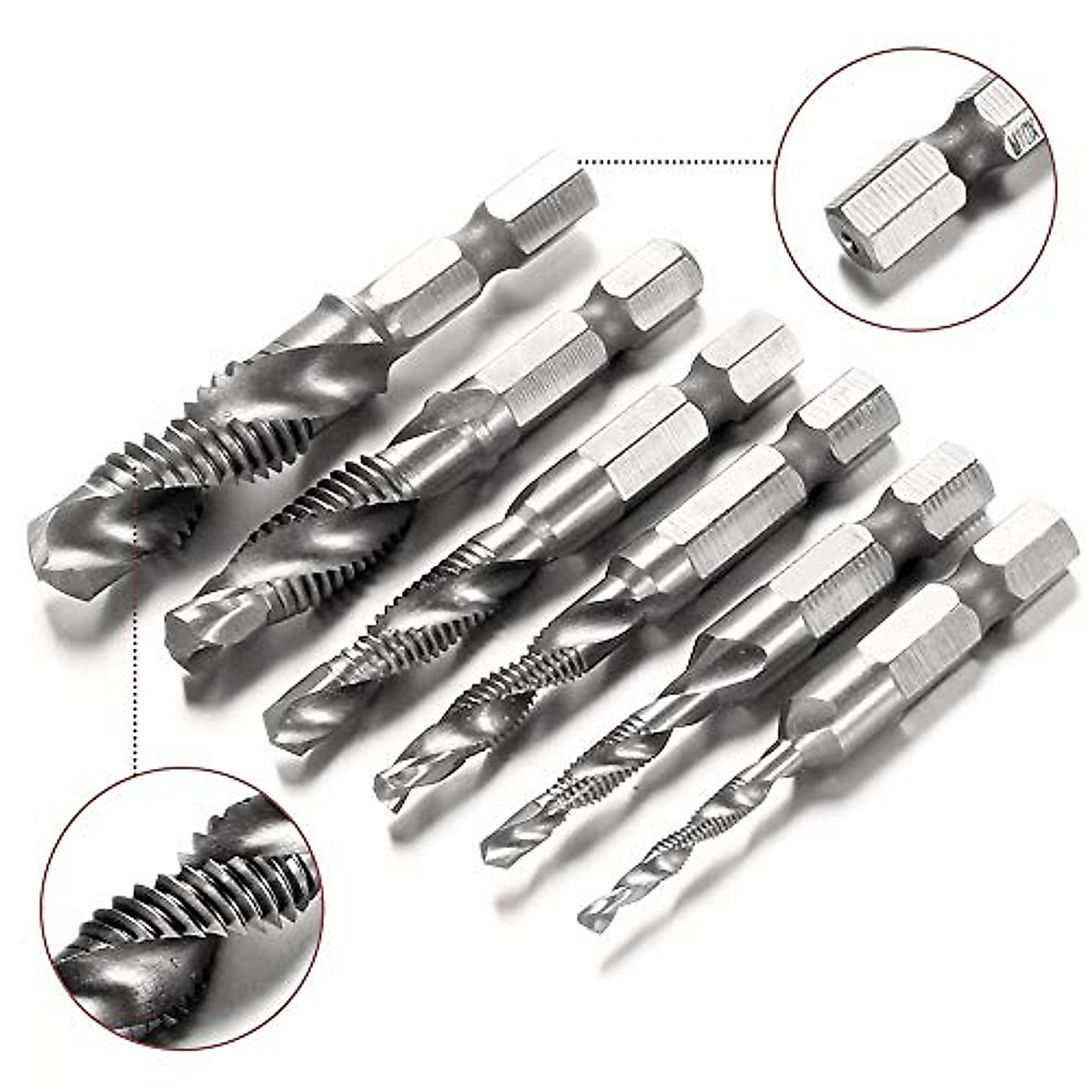 Mesee 6 Pieces Drill Tap Combination Bit Set, 1/4'' Hex Shank HSS Deburr Countersink Bits Spiral Screw Tap Tool Kit - Imperial 1/8 5/32 3/16 1/4 5/16 3/8