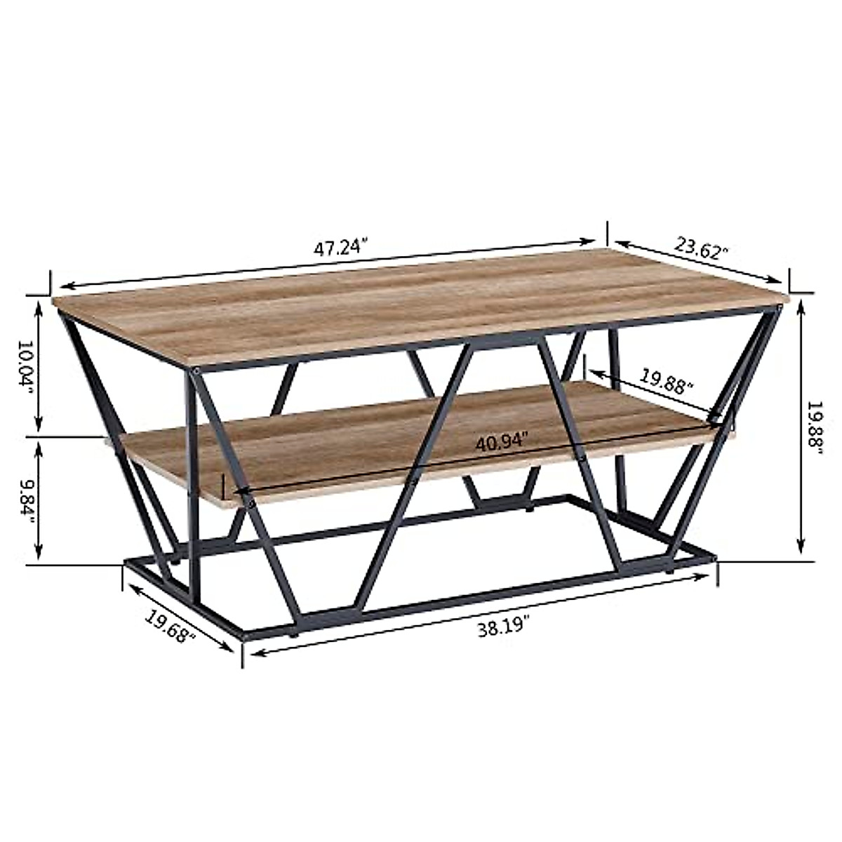 TTHAETUR Industrial Coffee Table for Living Room, 47inch Wooden Center Table with Large Storage Shelf, 2-Tier Mid Century Modern Coffee Table, Rustic Oak