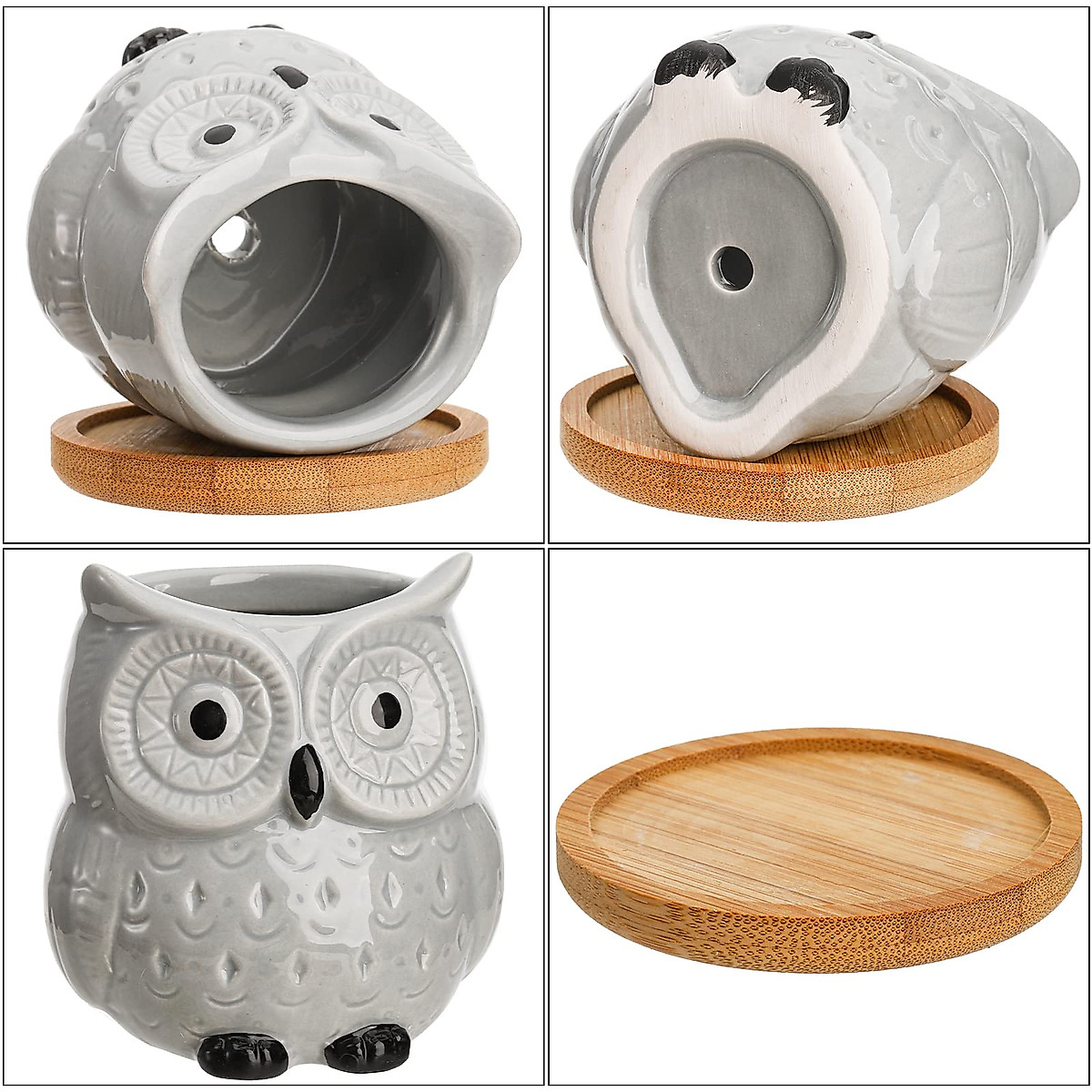 Frcctre 6 Pack Ceramic Succulent Pots, Small Succulent Planter Pots with Drainage and Bamboo Tray, Cute Animal Planting Pot Flower Pot Indoor Plant Pot for Succulent, Cactus, Garden Office Home Decor