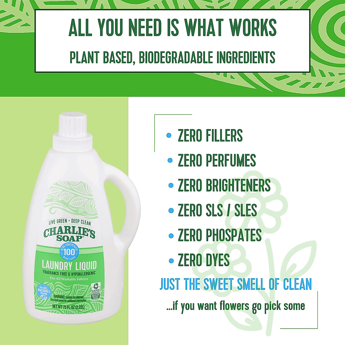 Charlie’s Soap Laundry Liquid (100 Loads, 1 Pack) 75.0 Fl Oz Natural Deep Cleaning Hypoallergenic Laundry Detergent – Eco-Friendly, Safe and Effective