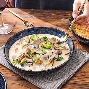 vicrays Large Salad Pasta Serving Bowls Ceramic Wide Shallow Bowls Set 47 Ounces Big Dinner Plates Bowls Porcelain 10 Inch Low Flat Design Blue Soup Bowl Microwave Dishwasher Safe