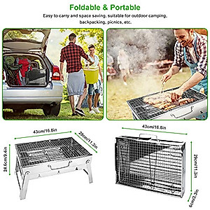 Newluck Folding Charcoal Barbecue Grill Set, Portable Folded Hibachi Grill Stainless Steel Yakitori Grill, BBQ Tool Kits for Outdoor Patio Picnics Beach Camping Cooking Traveling, 16.8 X 11.3 X 9.2''