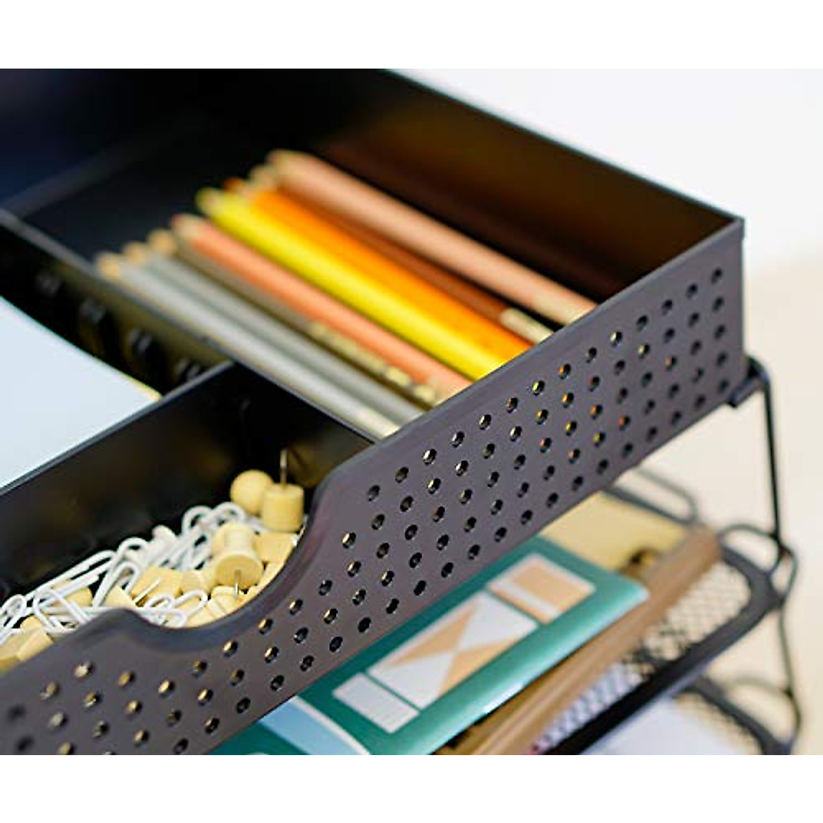 CAXXA 3 Trays Stackable Mesh Letter Tray, Desk File Organizer, Desktop Paper Tray Holder with Drawer, Black