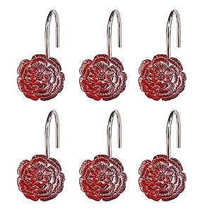 Twofish Home Luminous Burgundy Rose Flower Shower Curtain Hooks 100% Handwork Burgundy Rose Flower Shower Rings Decorative Resin Flower Shower Curtain Rings Set of 12