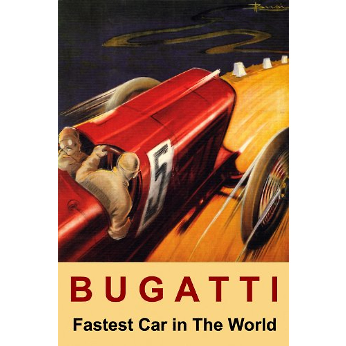 WONDERFULITEMS RED Bugatti Fastest CAR in The World Italian Racing Race Large Vintage Poster REPRO ON Canvas