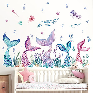 wondever Mermaid Tail Wall Stickers Under The Sea Mermaid Bubble Seaweed Peel and Stick Wall Art Decals for Baby Nursery Girls Bedroom Bathroom