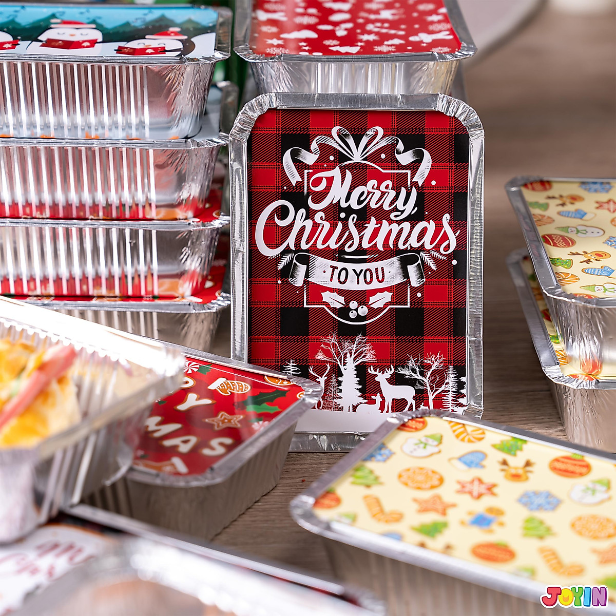 JOYIN 48 Pieces Christmas Foil Containers with Lids, 8 Holiday Designs, 7"x5"x2" Rectangular Treat Foil Containers, Disposable Food Storage Pan for Holiday Leftovers Goodie Container