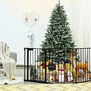 Costzon Baby Safety Gate, 121 Inch Length 5 Panel Adjustable Wide Fireplace Fence, BBQ Metal Fire Screen Gate, Pet Isolation Fence with Walk-Through Door, Freestanding Pets Gate (Black, 5-Panel)