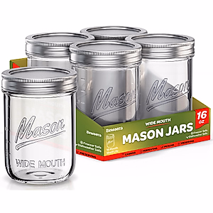 SEWANTA Wide Mouth Mason Jars 16 oz [5 Pack] With mason jar lids and Bands, mason jars 16 oz - For Canning, Fermenting, Pickling - Jar Décor - Microwave/Freeze/Dishwasher Safe Jar Opener