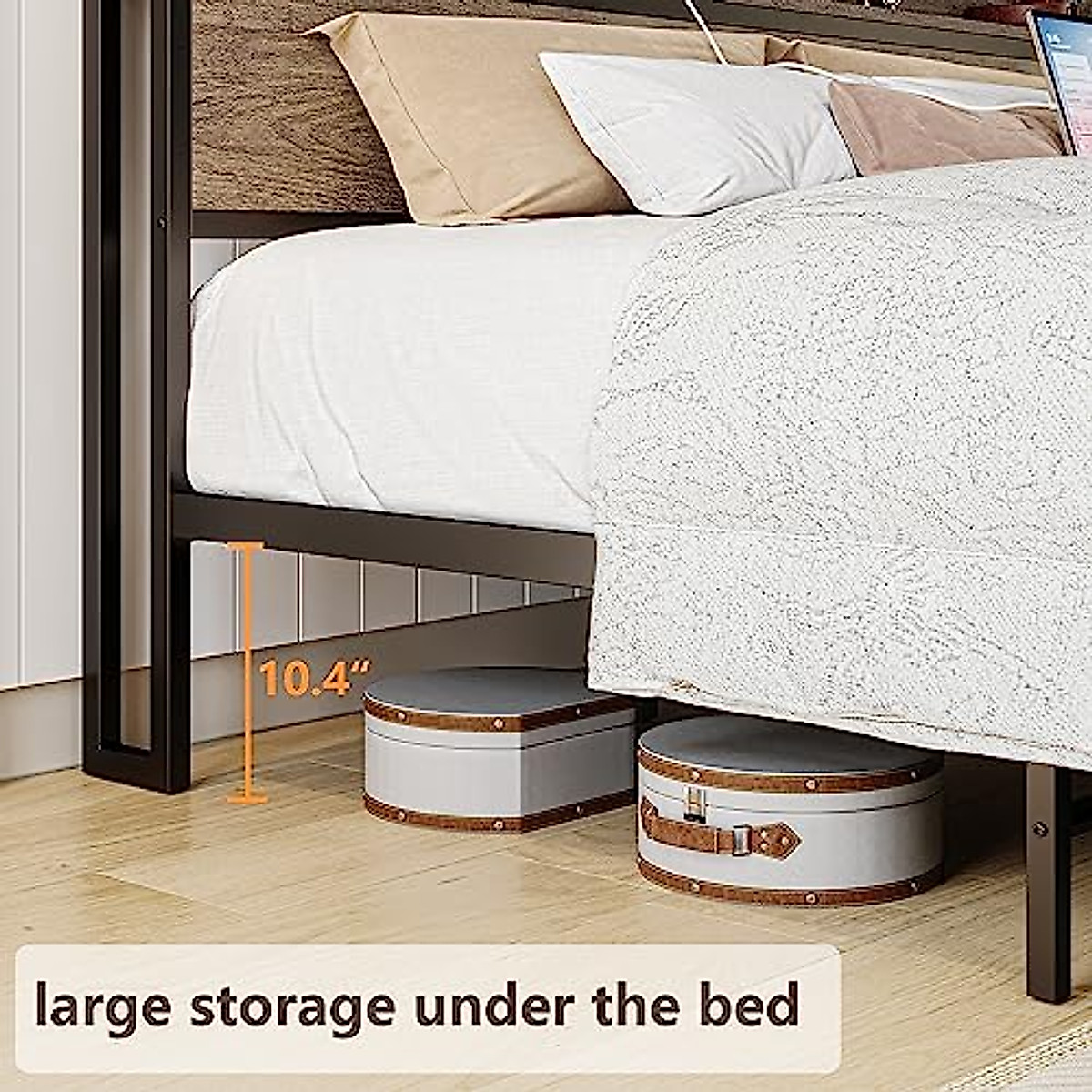 IRONCK King Size Bed Frame, Bookcase Headboard with Charging Station, Platform Storage Bed, Solid and Stable, Noise Free, No Box Spring Needed, Rustic Maple