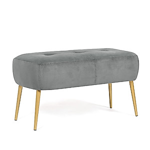 Adeco Upholstered Velvet Ottoman, 33 inch Entryway, End of Bed Benches Stool with Golden Metal Legs for Bedroom, Living Room Footrest, Grey-2