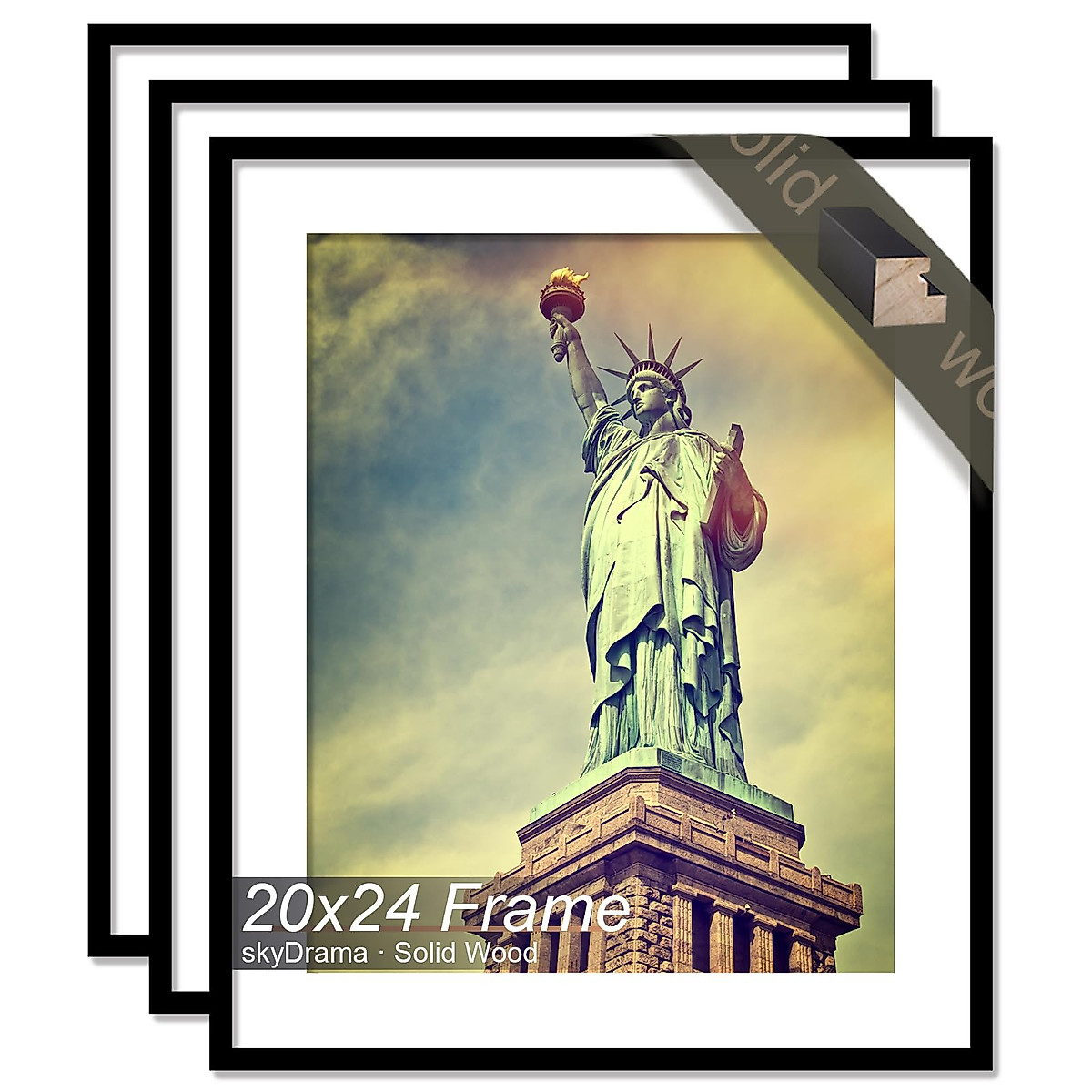 skyDrama 20x24 Picture Frame Black Solid Wood Material Set of 3, Display 16x20 Photo without Mat or 20x24 Poster with Mat, Light Weight High Transparent 20by24 Frame for Wall - 20"x24"/Black/3Pack