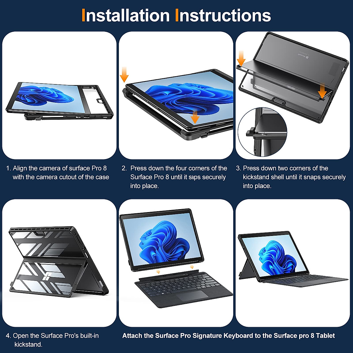 INFILAND Case Compatible with Microsoft Surface Pro 8, High Clear Transparent Shockproof Robust Portable Protective Case Multi-Angle Adjustable Stand for Surface Pro 8 13 Inch 2021 Tablet, Black