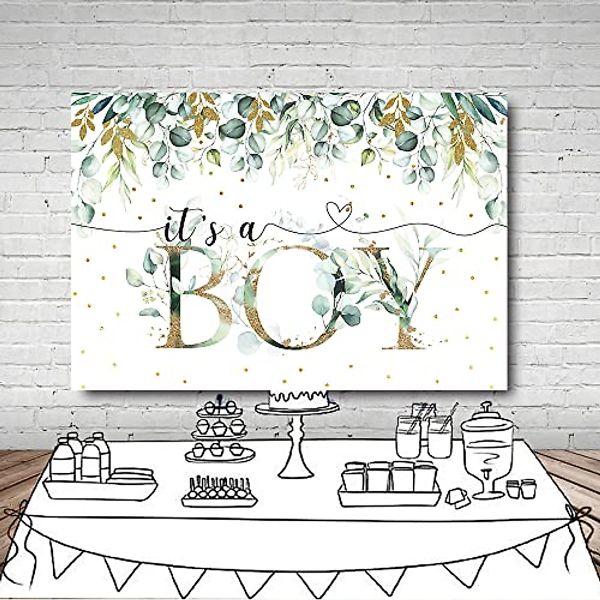 MEHOFOND 7x5ft It's a Boy Baby Shower Backdrop Spring Greenery Eucalyptus Leaves Green and Gold Background Party Decor Banner Cake Table Supplies Photo Booth Studio Props