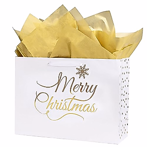 WRAPAHOLIC Christmas Gift Bags - 6 Pack Large Size White Gold Foil Merry Christmas Lettering Bags with 18 Sheets Wrapping Tissue Paper - 16" x 6" x 12"