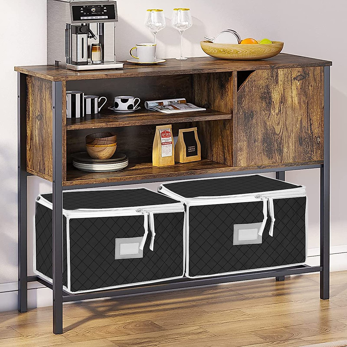 Xmasorme Wine Glass Storage Boxes with Dividers 2 pack, China Storage Containers Chest,Holds 12 Wine Glass or Crystal Glassware with Dividers and Label Window for Moving,Picnic(Black)