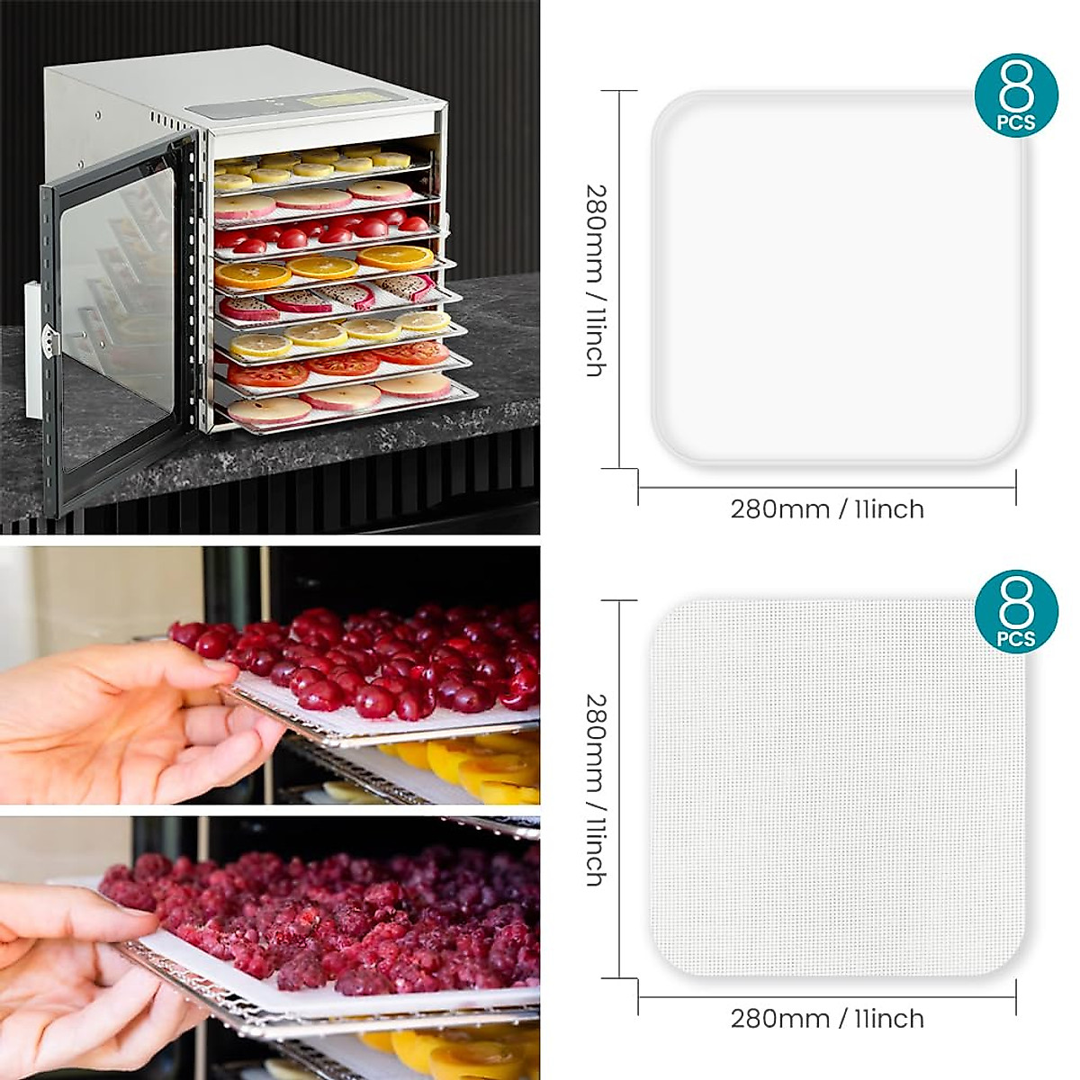 8 Pcs Silicone Food Dehydrator-Trays with Edge, 8 Pcs Mesh Dehydrator Mats,Reusable Non Stick Silicone Dehydrator Sheets (11x 11in) for Liquids,Fruit Leather,Herbs,Meat and Yogurt