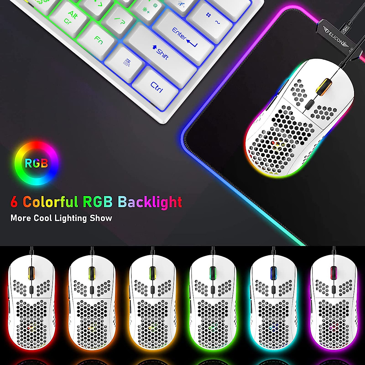 60% Gaming Keyboard Honeycomb Mouse and RGB Headset Comboith Rainbow Backlight Ergonomic 62Key Mechanical Feeling Adjustable 7200DPI Mice Stereo Sound Headphone for PS4 Xbox One PC Mac Gamer