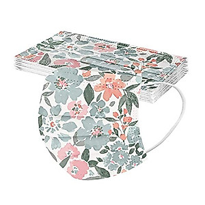 50 Pack Adults Floral Disposable Face Masks with Design, 3 Ply Protective Breathable Women Men Flower FaceMask with Nose Wire (Floral #14)