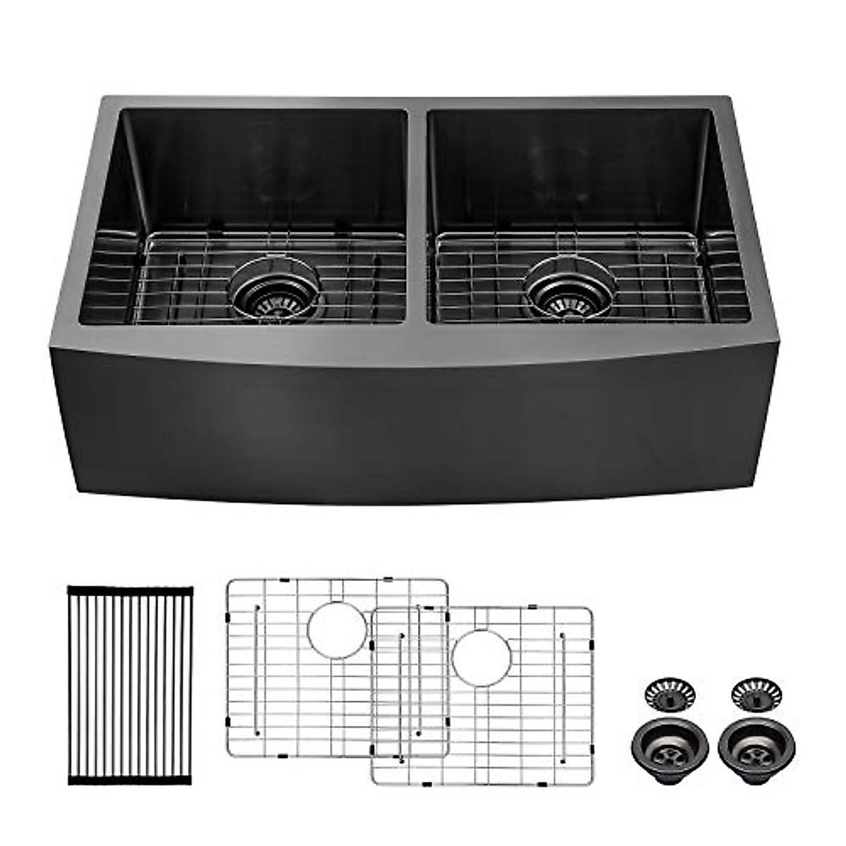 33 inch Black Farmhouse Sink- GhomeG 33"x 21" Kitchen Sink Stainless Steel 16 Gauge Double Bowl 50/50 Apron-Front Farm Sink Basin