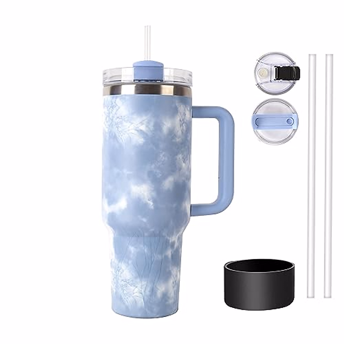 DREAMING MY DREAM 40oz Tumbler with Handle, H2.0 Tumbler Reusable Vacuum, Insulated Tumbler With Lid and Straws, Insulated Cup, Leak Resistant Lid (Tie Dye Blue)