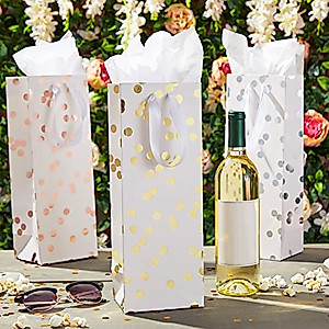 12-Pack Wine Gift Bags with Ribbon Handles and Tissue Paper for Wine Bottles, Liquor, Champagne, Sparkling Cider, Elegant Polka Dot Foil Designs (3 Colors, 13.8x5x4 in)
