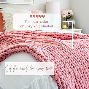 Kaffrey 50 x 60 Inches, 4.2 lb, Chunky Knit Blanket, Luxury Hand-Knitted Chenille Throw Blanket, Soft and Cozy Giant Knitted Blanket, Machine-Washable and Non-Shedding, Pink Carnation