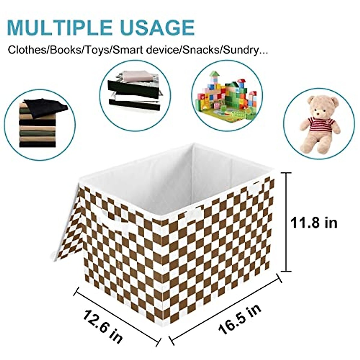 CaTaKu Chess Board Brown Storage Bins with Lids and Handles, Fabric Large Storage Container Cube Basket with Lid Decorative Storage Boxes for Organizing Clothes
