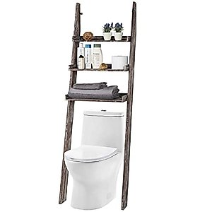 MyGift Over The Toilet Storage Shelves Torched Solid Wood 3 Tier Wall Leaning Ladder Bathroom Organizer Rack for Small Space Bathroom