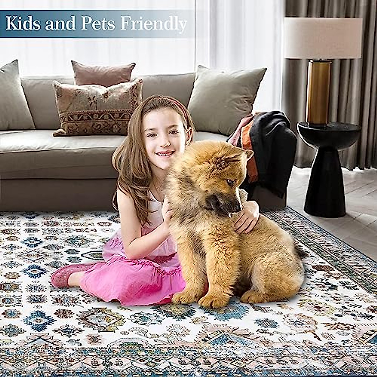 RUGSREAL 9x12 Blue Area Rug, Traditional Washable, Vintage Distressed, Kitchen Floor Cover, Foldable, Indoor Mat