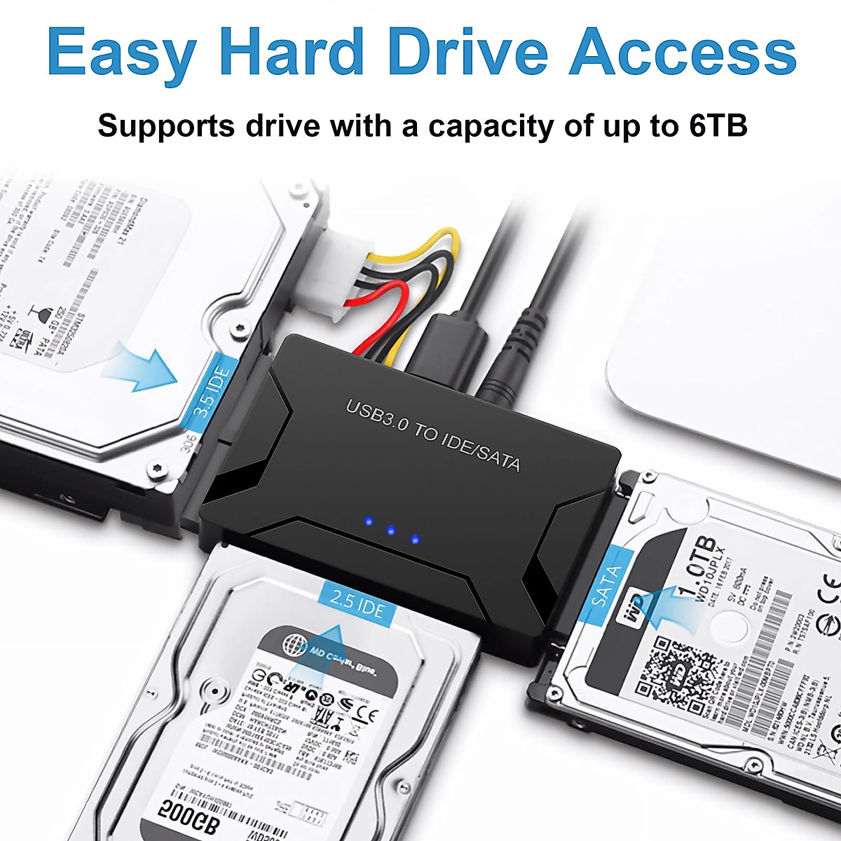EYOOLD USB 3.0 to SATA IDE Adapter, Hard Drive Reader External Ultra Recovery Converter Compatible with 2.5" 3.5" HDD, SSD,5.25-inch DVD/CD-ROM Optical Drive Data Transfer with Power Supply