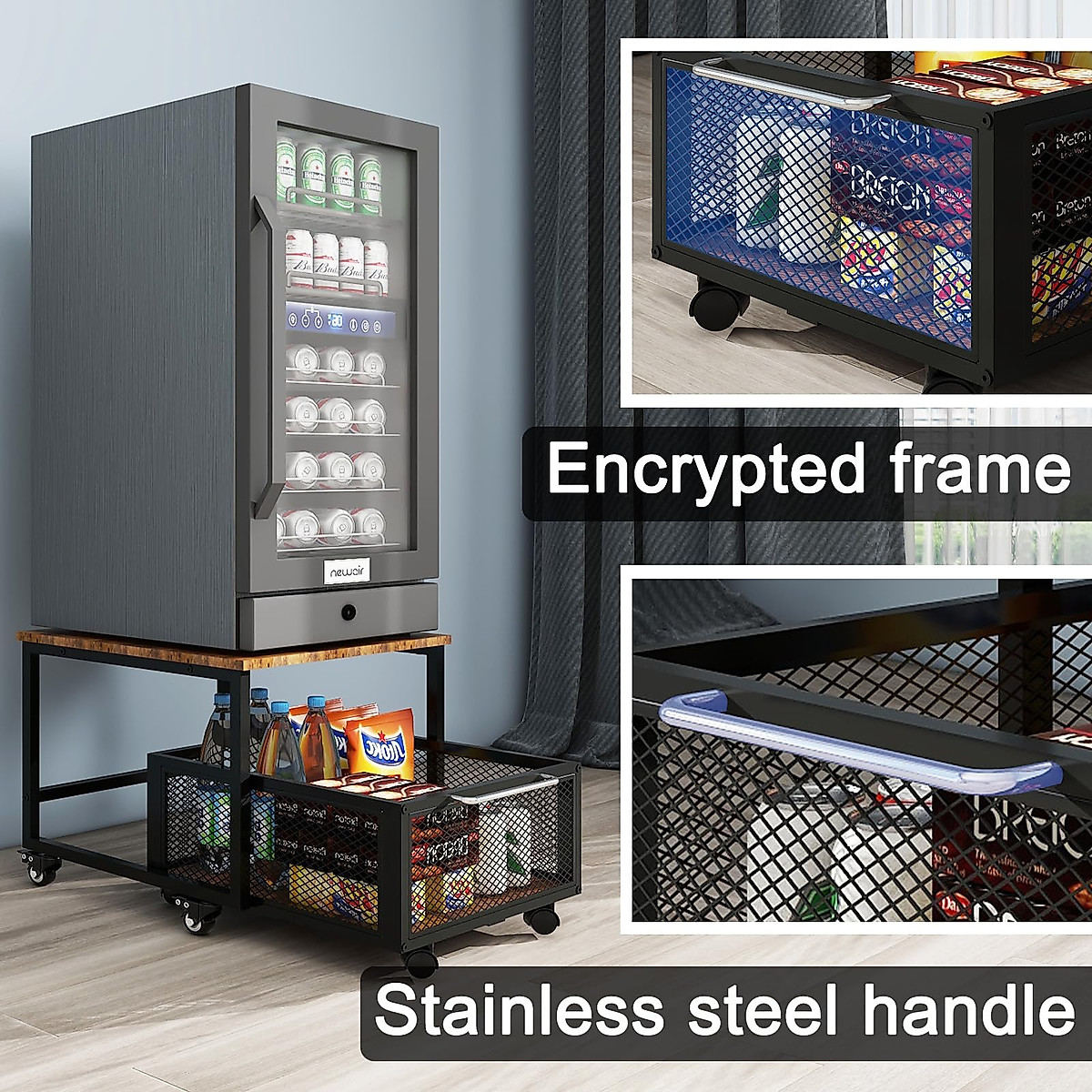 PUNCIA 19.7x23.6in Mini Fridge Stand with Large Capacity Storage Beverage Refrigerator Table with Lockable Wheel Mobile Compact Fridge Cart Heavy Duty Appliance Platform for Dorm, Apartment,Office