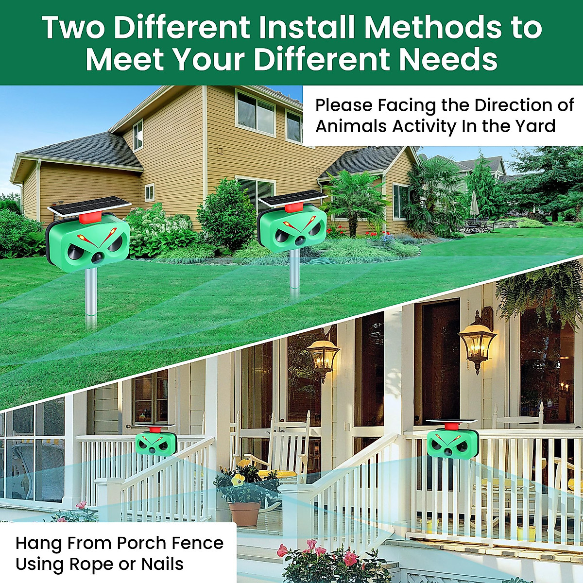 2 Pack Ultrasonic Cat Repellent Outdoor, Solar USB Powered Animal Repeller Ultrasonic Deer Deterrent Devices with Motion Sensor Waterproof Pest Deterrent for Dog Skunk Squirrel Raccoon Coyote Rabbit