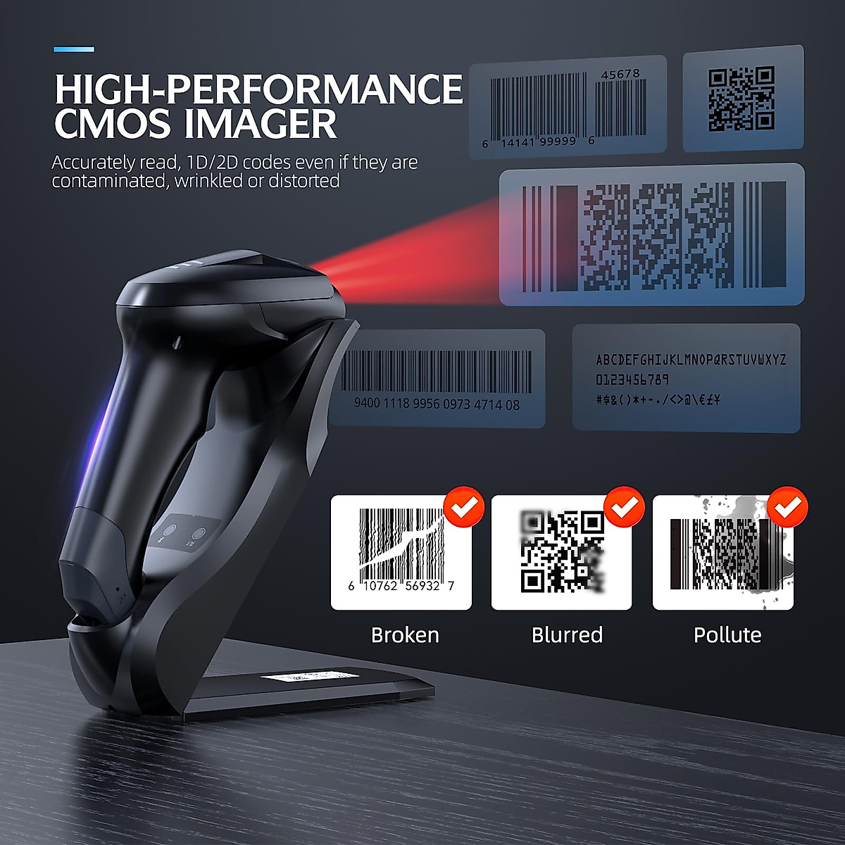 TEEMI QR Bluetooth 5.0 Barcode Scanner with Wall Mountable USB Charging Cradle Data Receiver, 1D 2D Wireless CMOS Screen Scanning PDF417 Data Matrix, Max 300 Yards Transfer Range