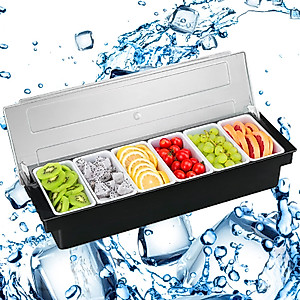 TRBIDRBO 6 Compartment Fruit Veggie Condiment Caddy with Lid, Plastic Ice Cooled Condiment Serving Container Chilled Garnish Tray Bar Caddy